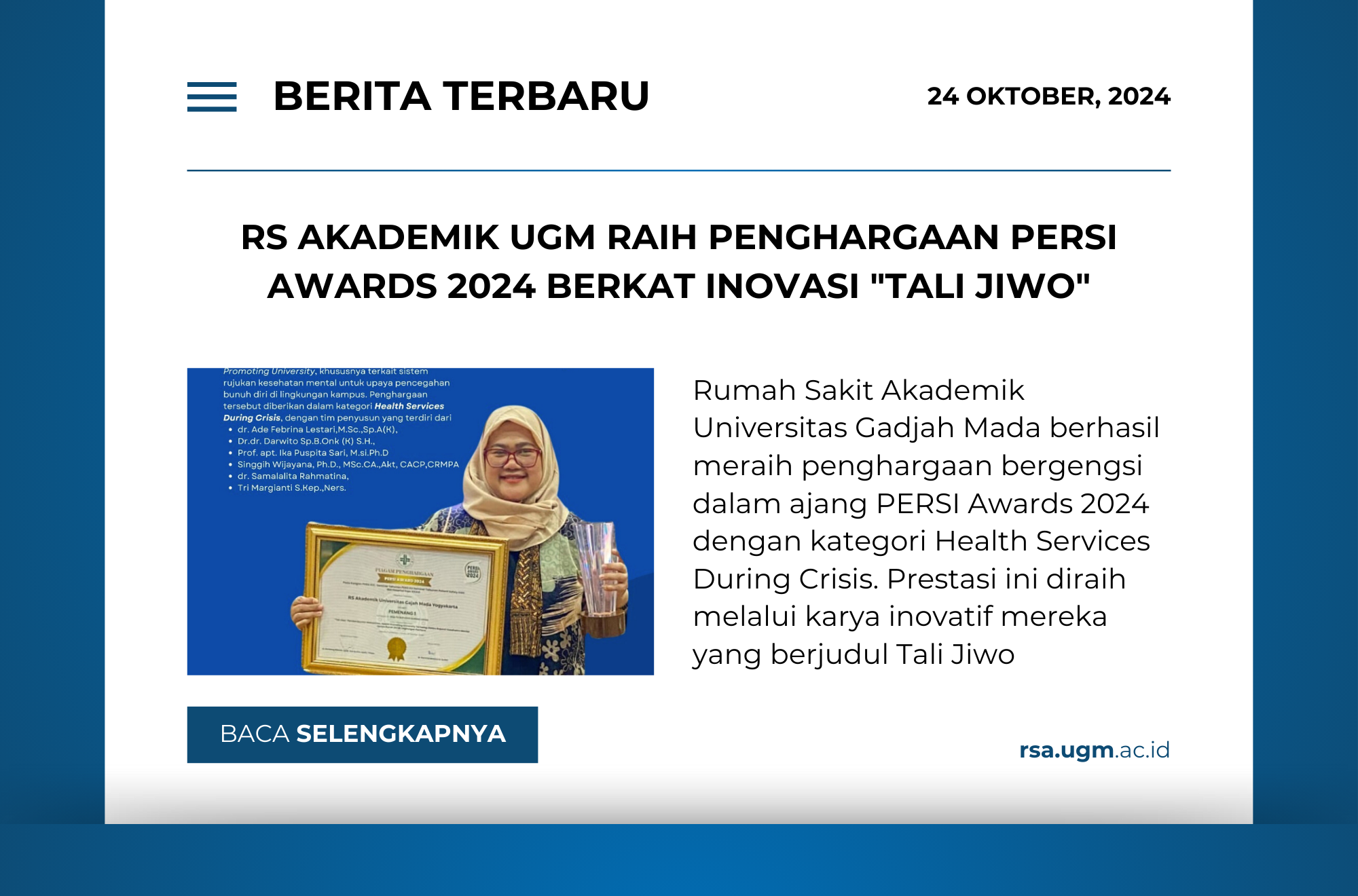 RS Akademik UGM Raih Penghargaan PERSI Awards 2024 Berkat Inovasi "Tali ...