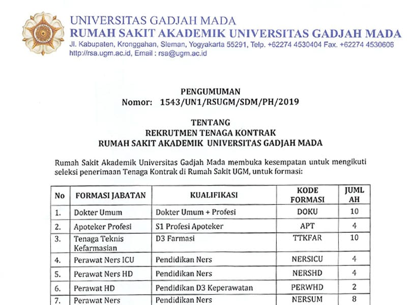 Rekrutmen Tenaga Kontrak Rumah Sakit Akademik Universitas Gadjah Mada ...