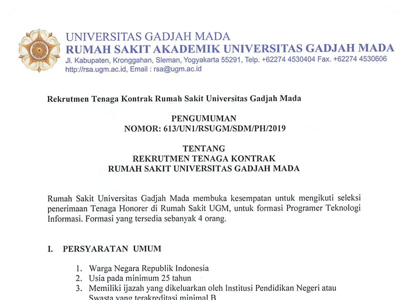 Lowongan Tenaga Kontrak Programmer RSA UGM | Rumah Sakit Akademik UGM