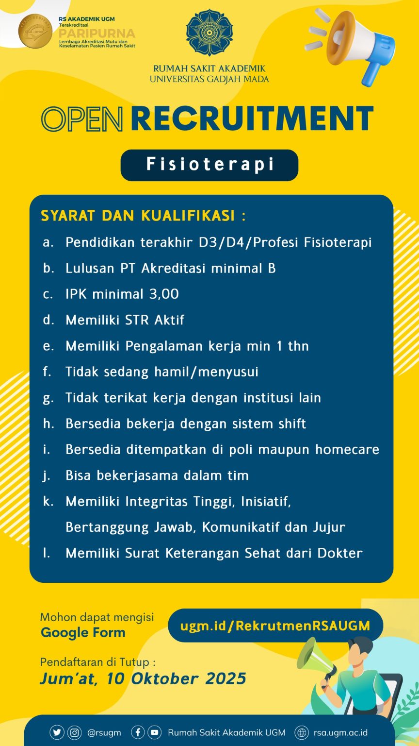 Lowongan Fisioterapi RS UGM 2025 – Daftar Sebelum 10 Oktober