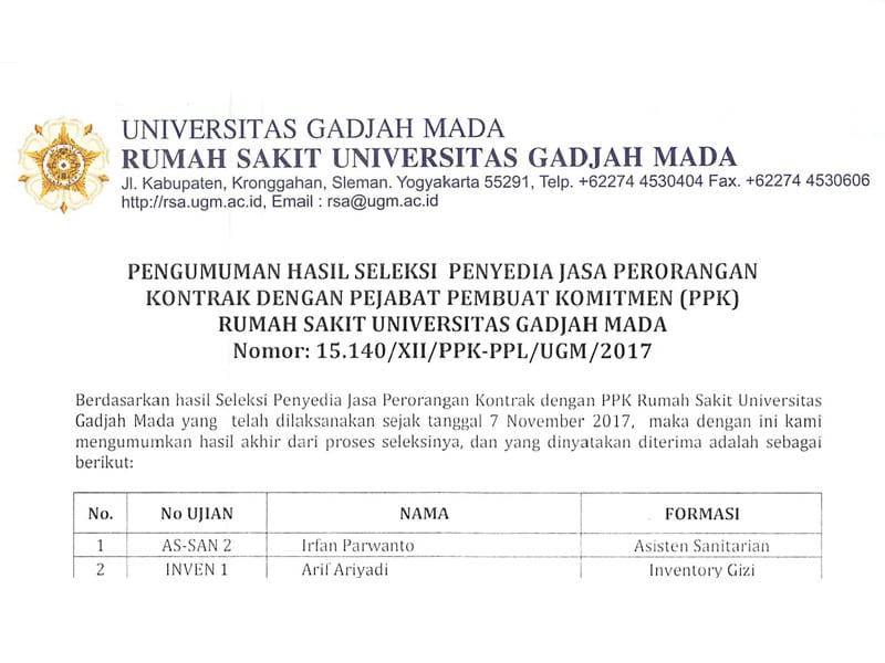 Pengumuman Hasil Seleksi Penyedia jasa Perorangan Kontrak RSA UGM ...