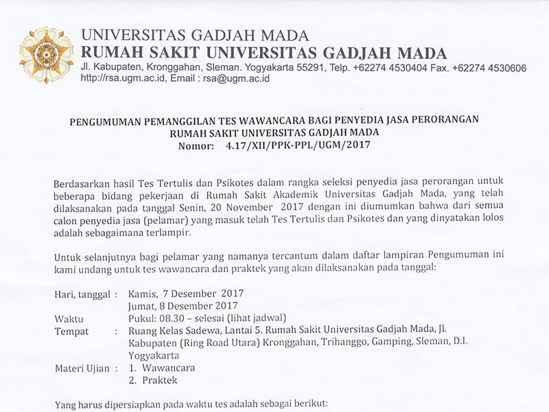 Pengumuman Pemanggilan Tes Wawancara Penyedia Jasa Perorangan RSA UGM ...